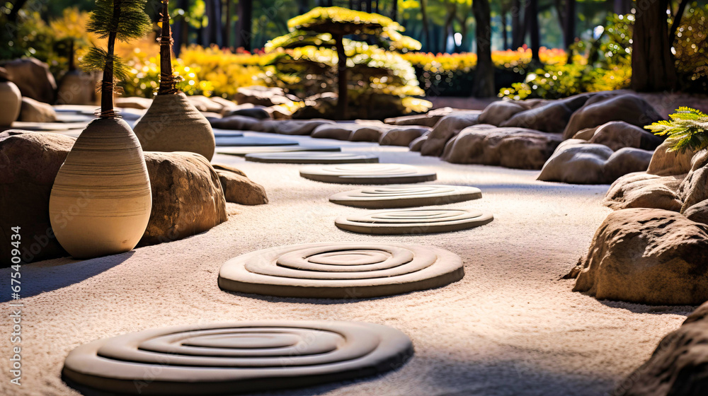 Stone pathway in zen garden, Meditative journey, Raked sands with ...