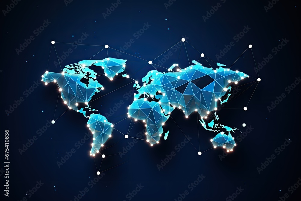Abstract polygonal world map with connections on dark blue background ...