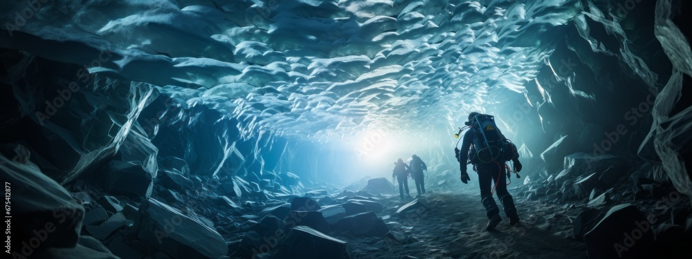 Backpacker explores the inside a glacial ice cave Entrance of an ice ...