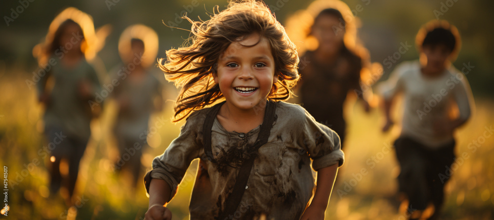 Soccer Joy: Children Playing in the Field in a Stylish Scene Stock ...