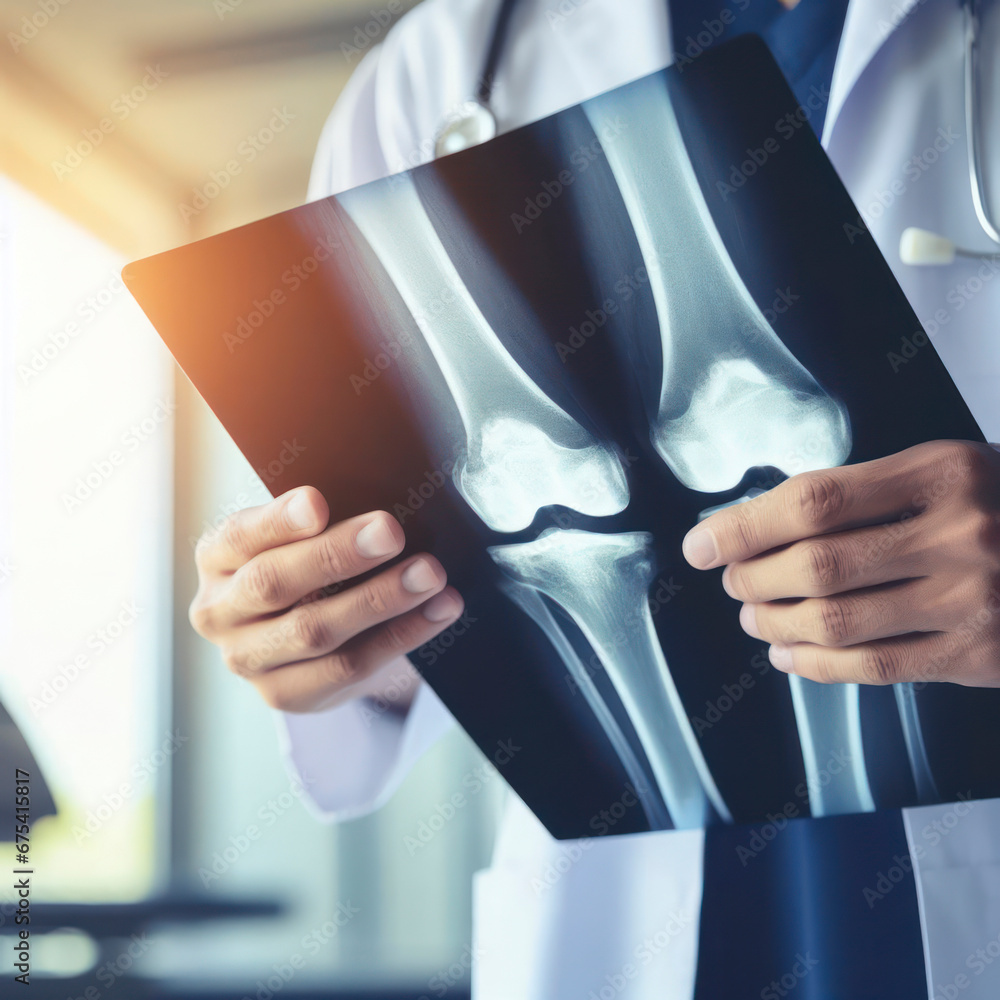 Orthopedic surgeon doctor examining patient's knee joint x-ray films ...