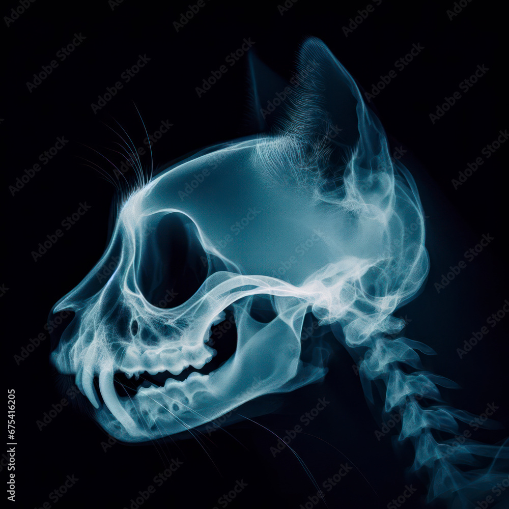X-ray of a cat skull blue tone radiograph on a black background. ai ...