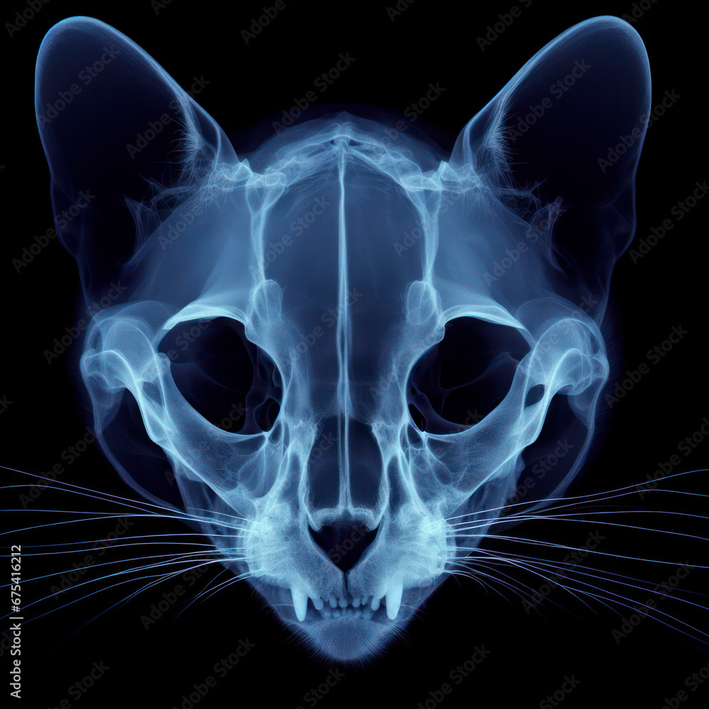 X-ray of a cat skull blue tone radiograph on a black background. ai ...