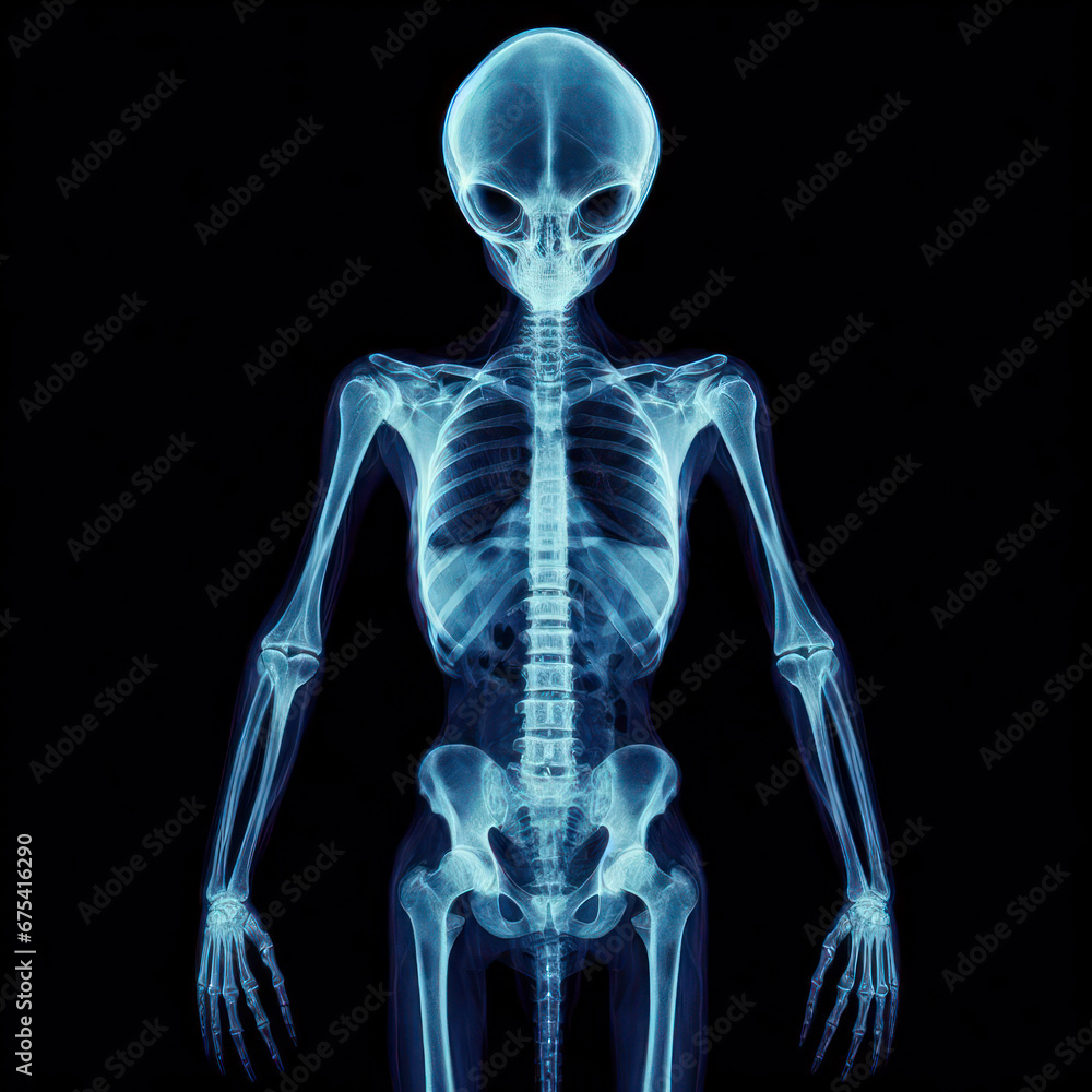 X-ray of alian full body blue tone radiograph on a black background. ai ...