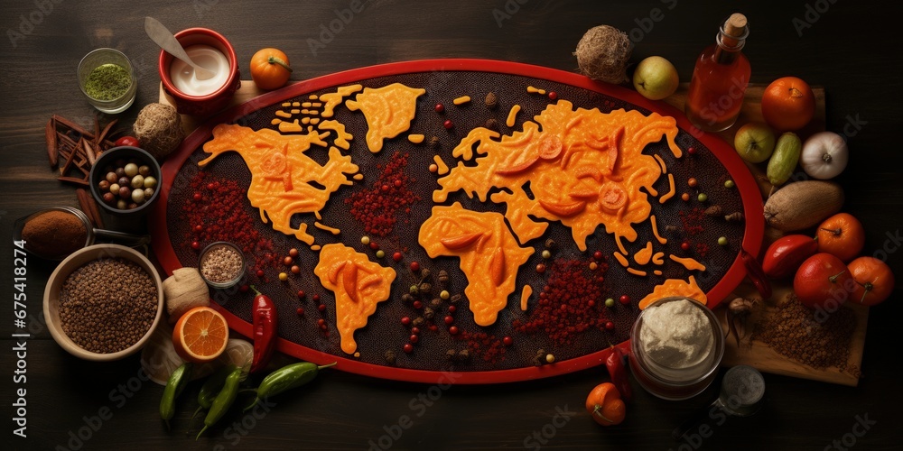 Table with a world map in the center and various foods around, concept ...