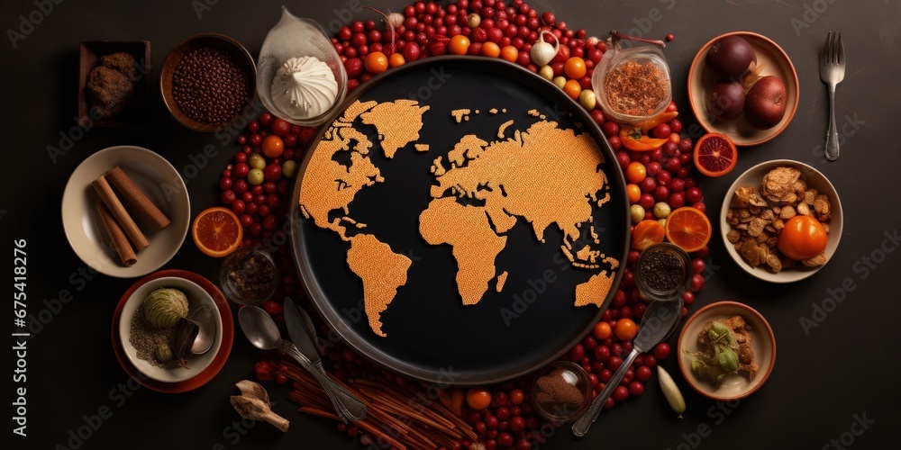 Table with a world map in the center and various foods around, concept ...