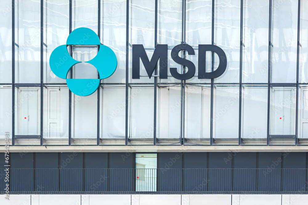 MSD logo on an office building in La Defense business district in Paris ...