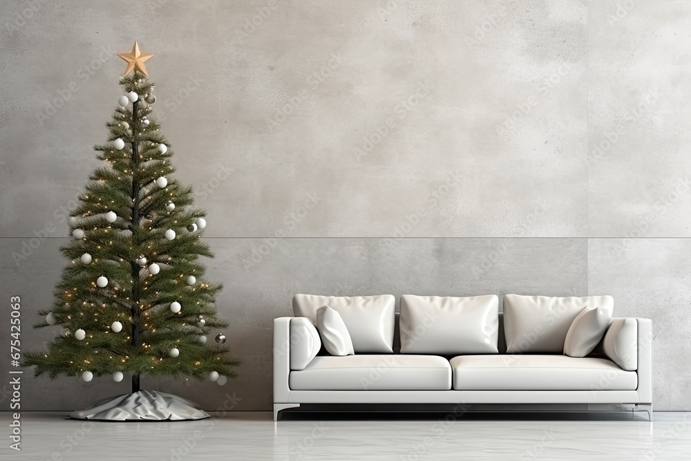 Stylish light leather sofa with pillows next to a decorated Christmas ...