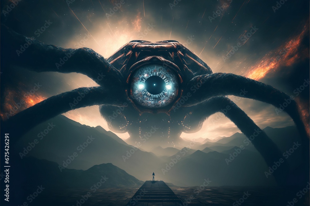 AI generated illustration of a giant alien ship with spider legs and an ...