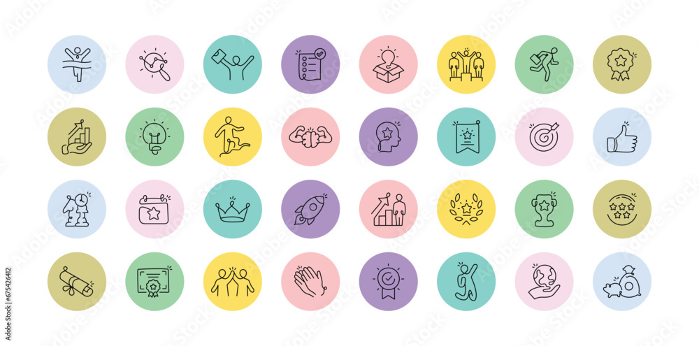 An icon set featuring the unlocking of milestones, emphasizing ...