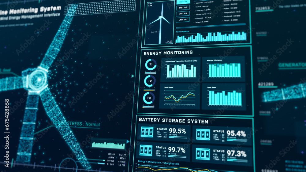 Futuristic wind turbine energy control center interface design, digital ...