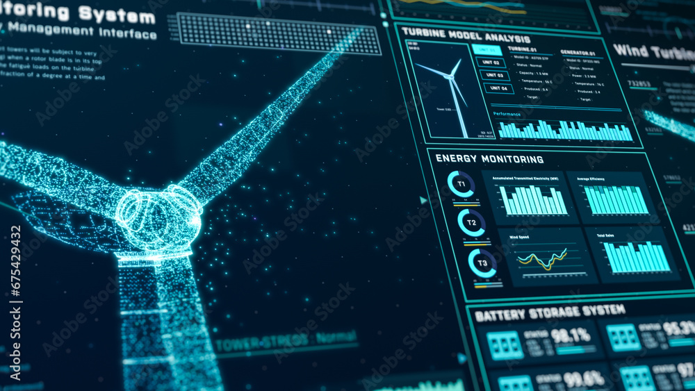 Futuristic wind turbine energy control center interface design, digital ...