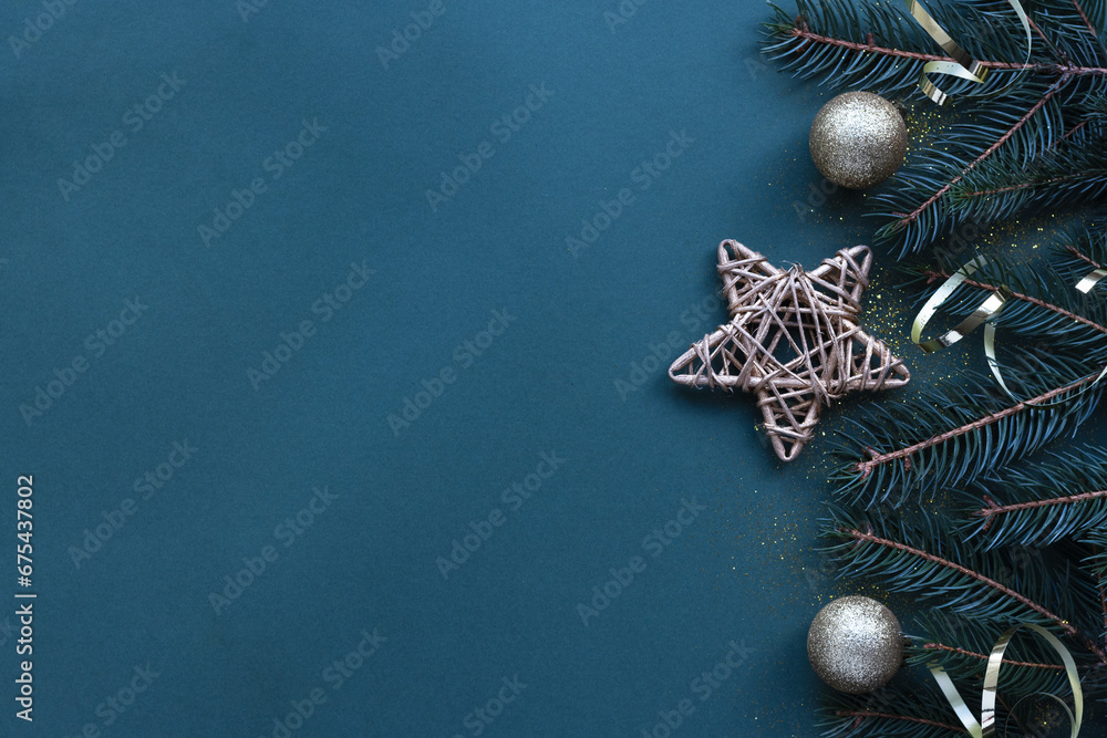 Side border of Christmas frame made of fir branches, golden decorative ...