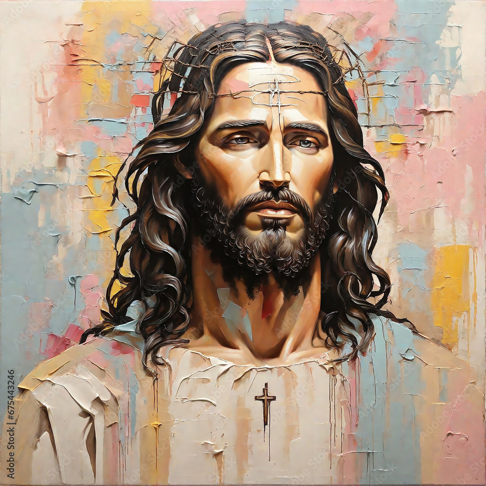 Oil painting of the sacred heart of Jesus abstract, touches of pastel ...