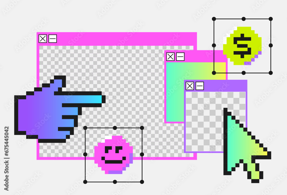 Pixels trend. Y2k trendy stickers. Geometric Brutalism UI. Pixels ...