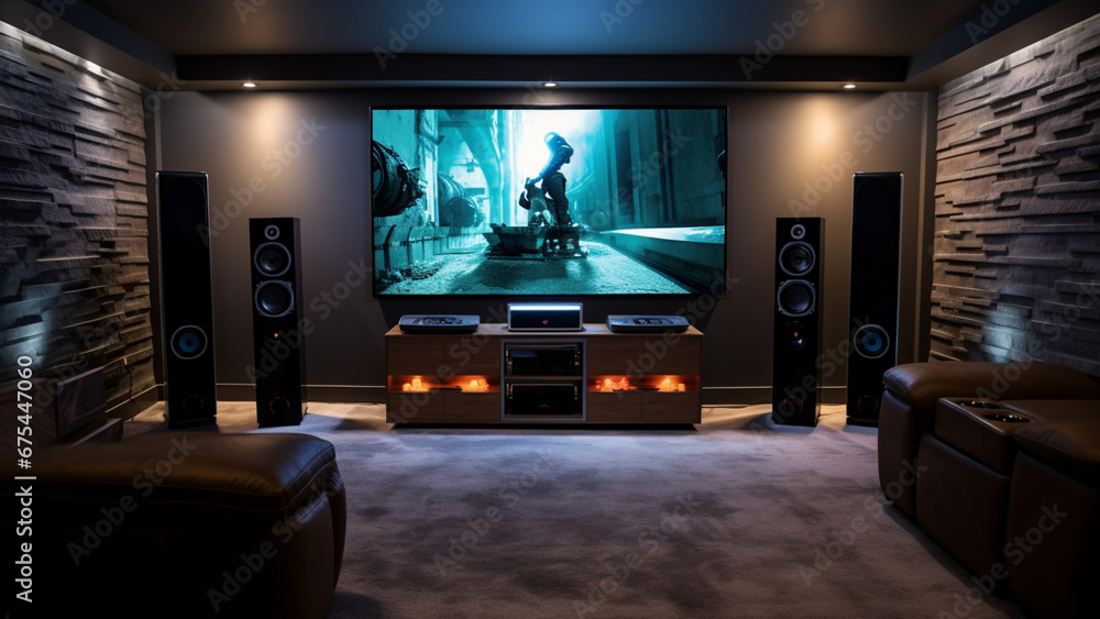 photograph of a home theatre system in a modern, finished, concrete ...
