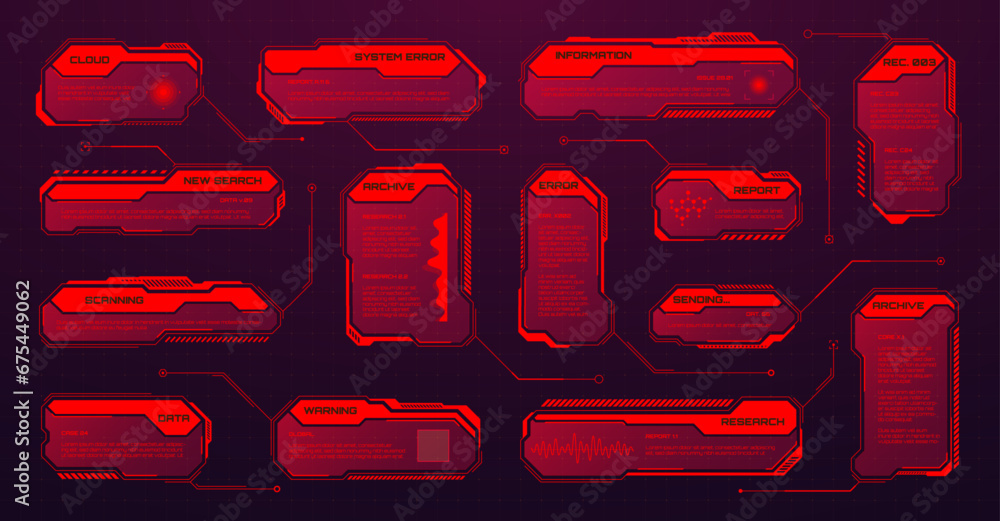 Red futuristic HUD or UI elements. Sci-fi user interface text boxes ...