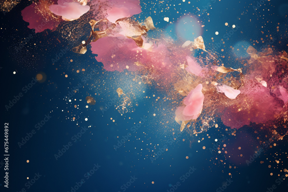 Abstract blue background with blue, pink, and gold particles. Desktop ...
