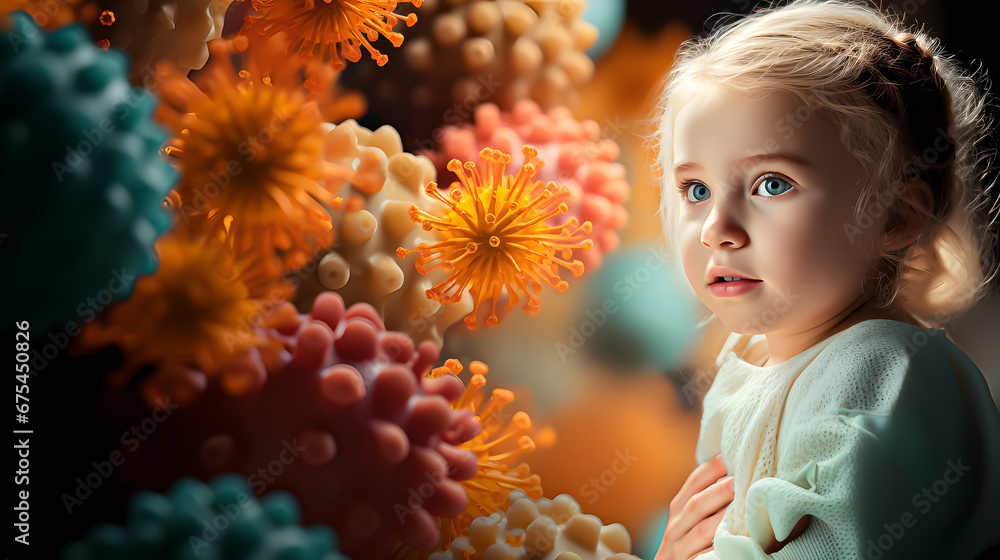 Flu and cold season in children. A little girl next to microbes ...