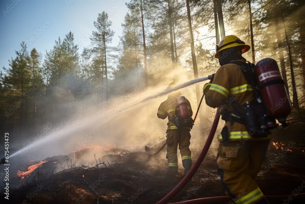 Firefighters use water to combat wildfire in forest working diligently ...