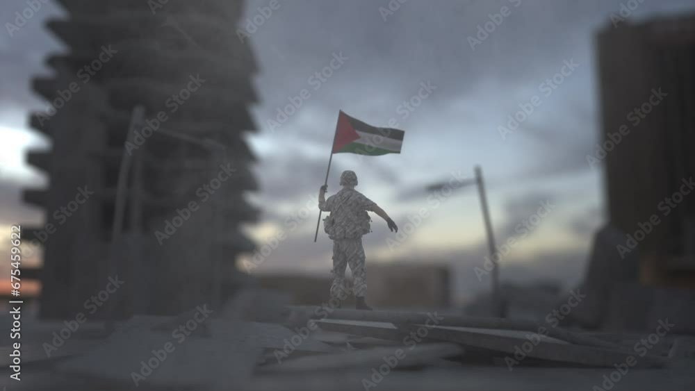 Palestinian soldier holding the flag of Palestine against the sunrise ...