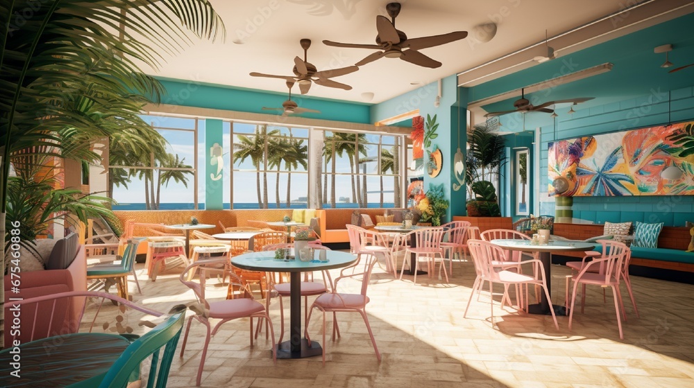 A Caribbean-themed cafeteria with bright, tropical colors, ceiling fans ...