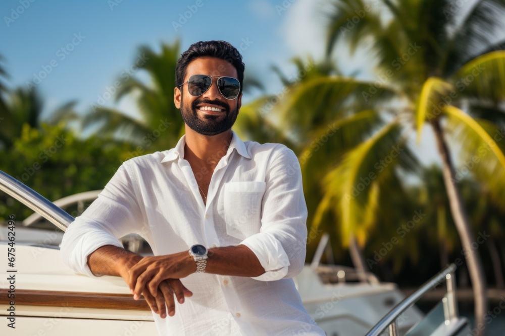 happy modern indian man against the background of a yacht and tropical ...