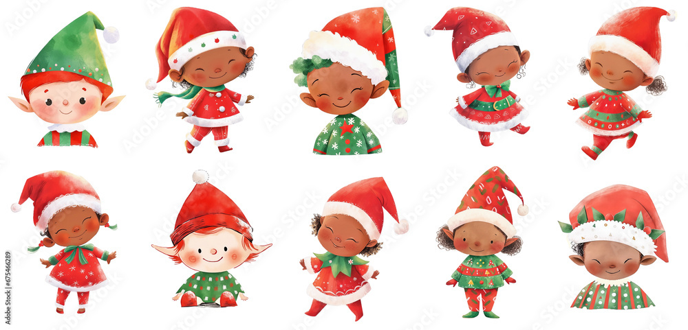 Set of cute cartoon african american kids in christmas costumes and ...