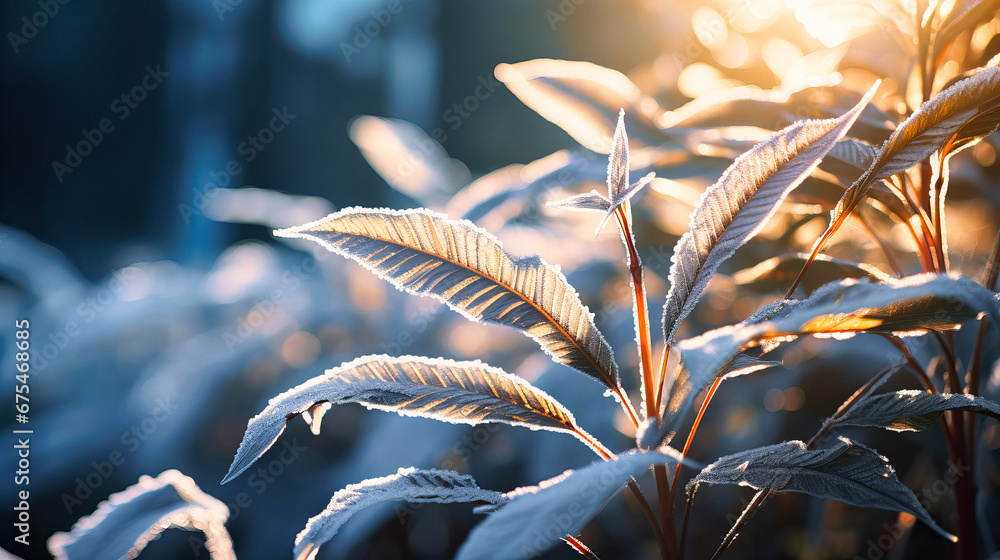 Majestic silhouette of frozen tropical foliage against a winter sun, a ...