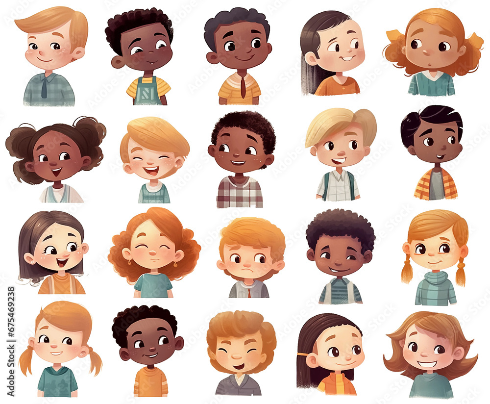Collection of cartoon kids faces with different emotions. Generative AI ...