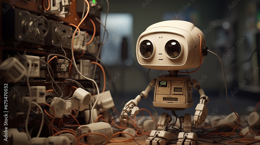 Cute little retro robot holding a cord. Outdated technology concept ... Cute little retro robot holding a cord. Outdated technology concept ...