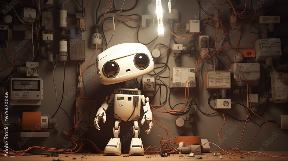 Cute little retro robot holding a cord. Outdated technology concept ... Cute little retro robot holding a cord. Outdated technology concept ...