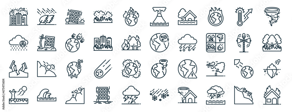 set of 40 outline web disaster icons such as windstorm, rain ...