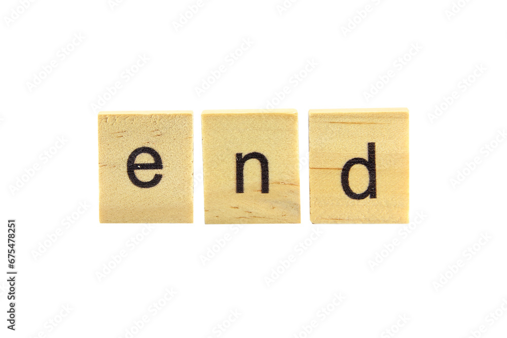 Short word english letter with text "end" on a small wooden cubes block ...