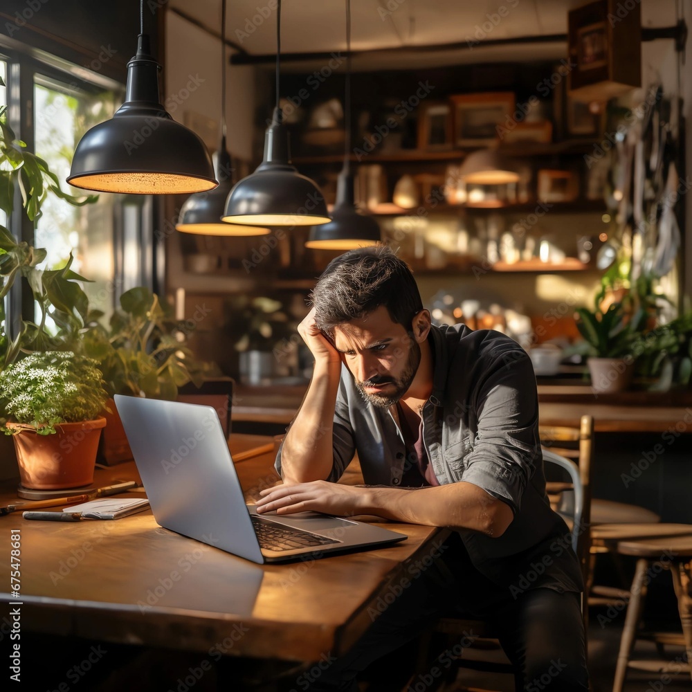 Headache, stress and burnout at home, young man suffering from fatigue ...