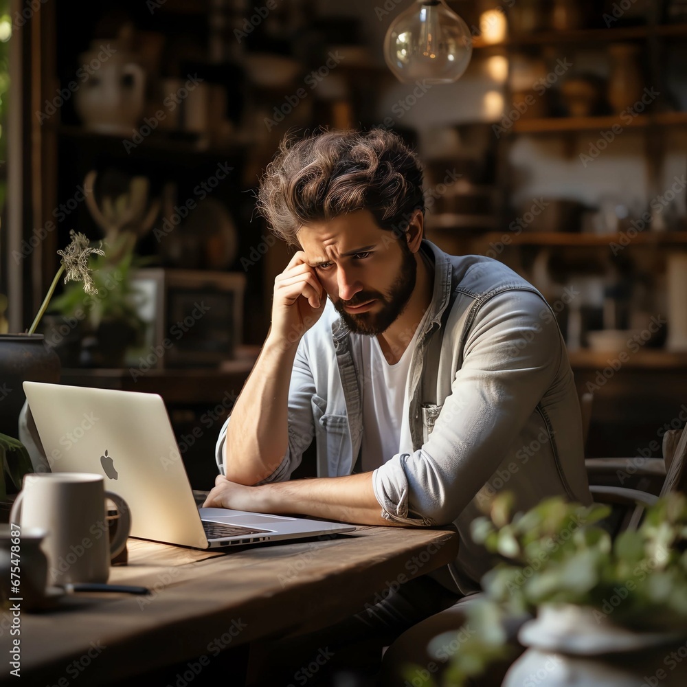 Headache, stress and burnout at home, young man suffering from fatigue ...