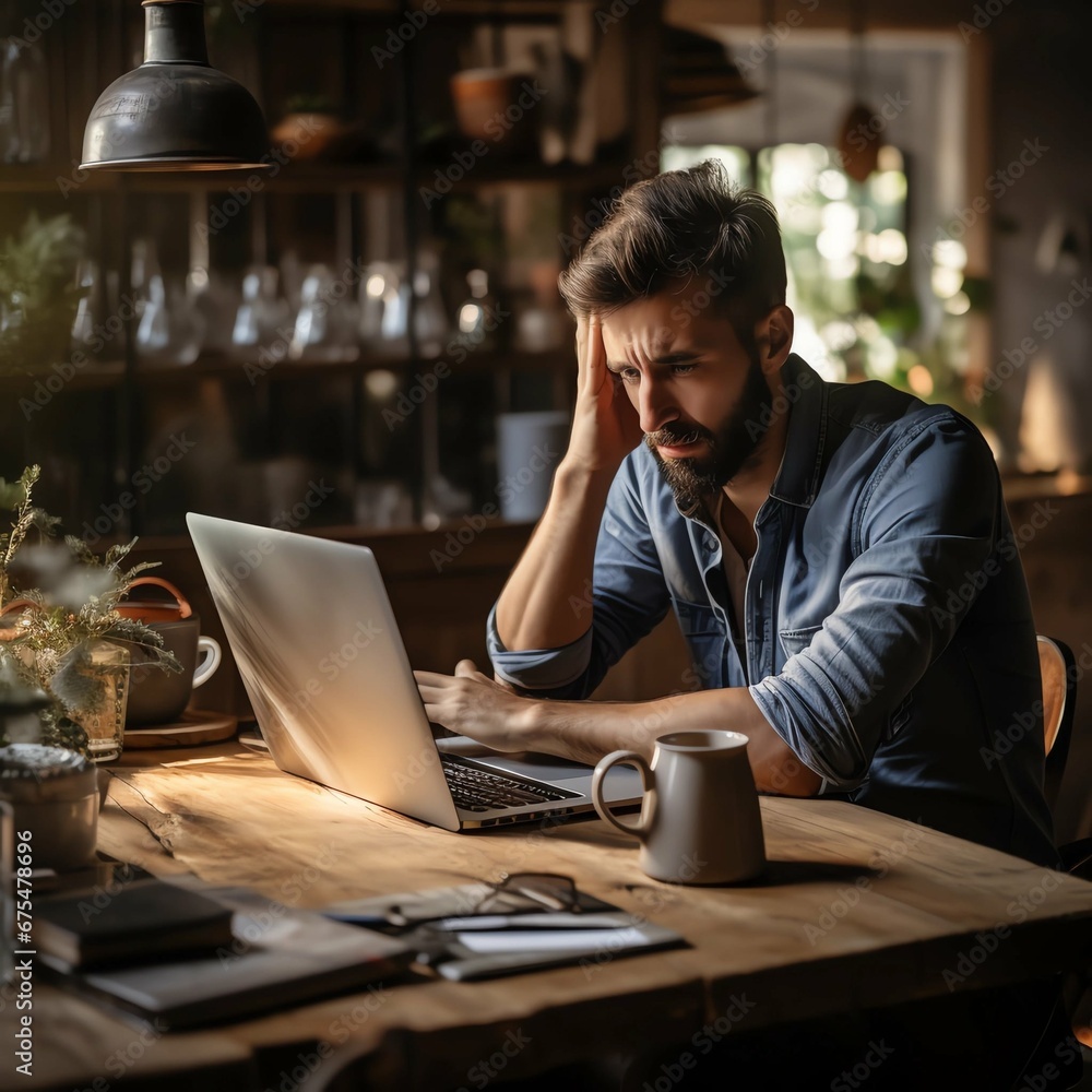 Headache, stress and burnout at home, young man suffering from fatigue ...