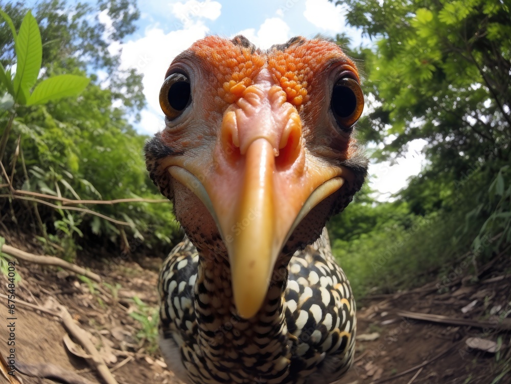 A close-up of the face of a guinea fowl looking at the camera. A bird ...