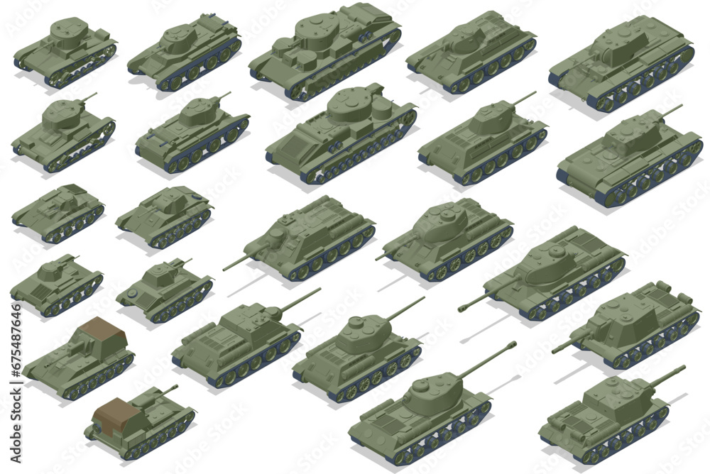 Isometric set icons of USSR Tanks. Armoured fighting vehicle designed ...