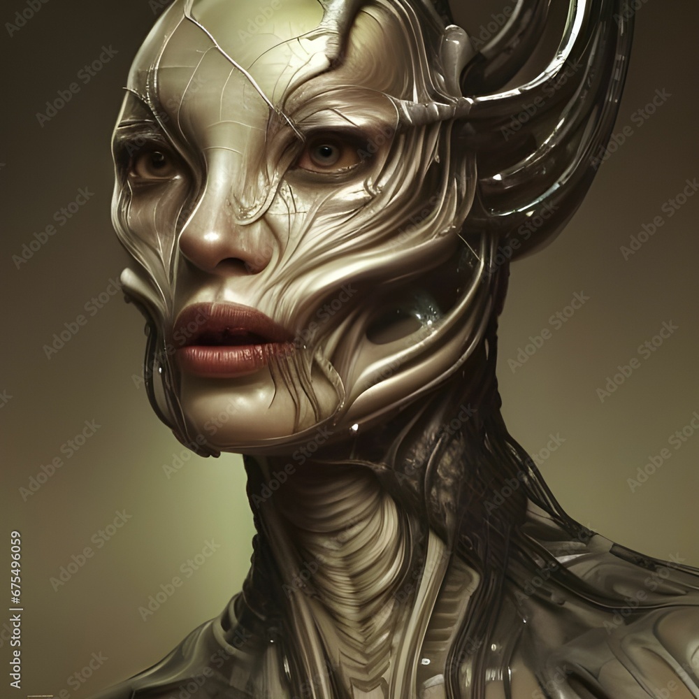 AI generated illustration of a female alien with biomechanical features ...