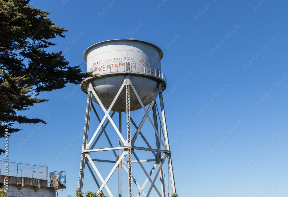Alcatraz water tower, Image shows a close up of the disused water tower ...