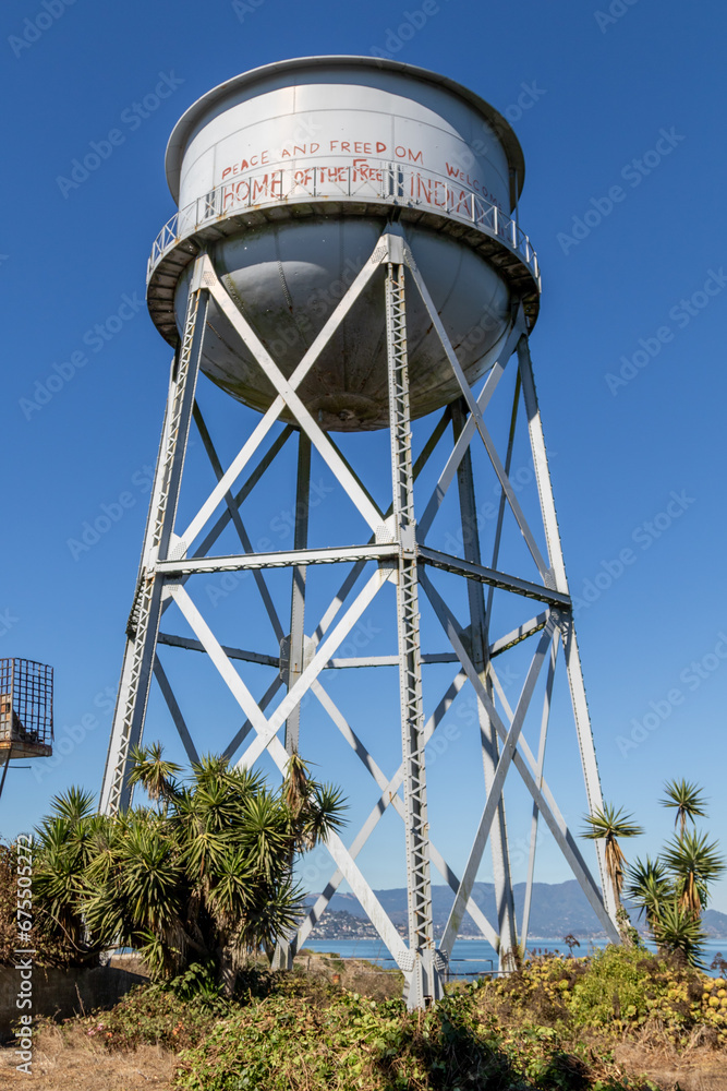 Alcatraz water tower, Image shows a close up of the disused water tower ...