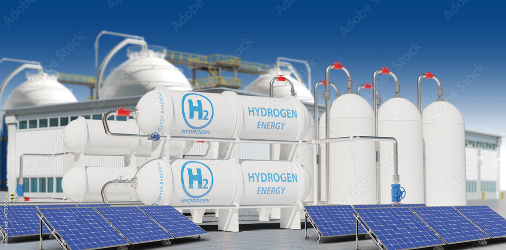 Hydrogen energy. Manufacturing plant on summer day. Hydrogen plant with ...