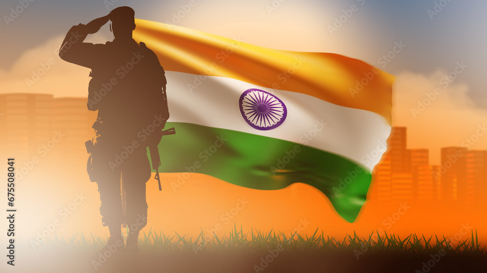 Soldier with India flag. Silhouette officer with weapon. Indian defense ...