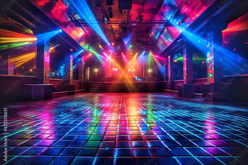 Abstract scene of the night club with bright rays of light and smoke ...