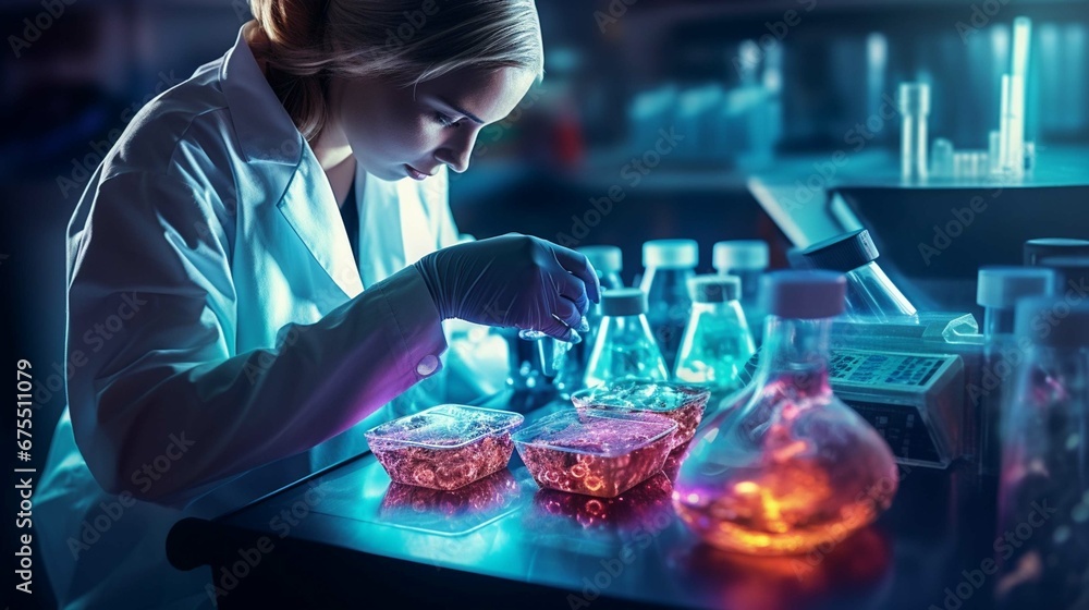 A laboratory technician makes microscopic bacteriological examination ...
