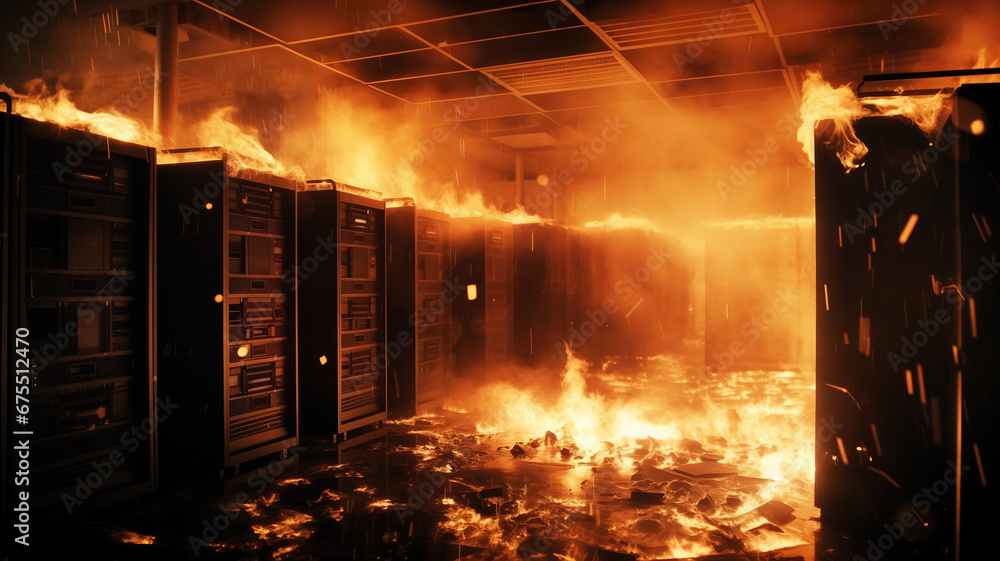Burning server room. Data center supercomputer technology in fire Stock ...