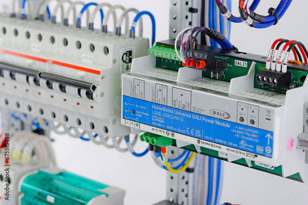 Lutron automation modules in an electrical switchboard. Stock Photo ...