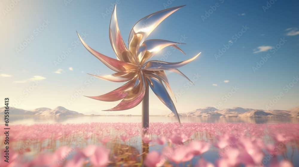 The petals of a lotus flower layered upon the spinning blades of a wind ...