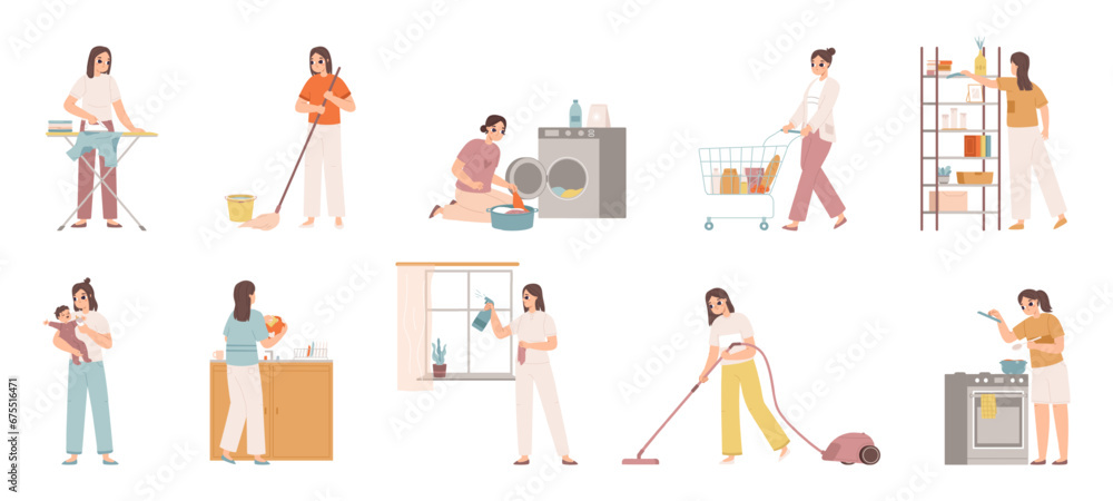 Cute housewives character. Young woman cleaning house, girl doing ...